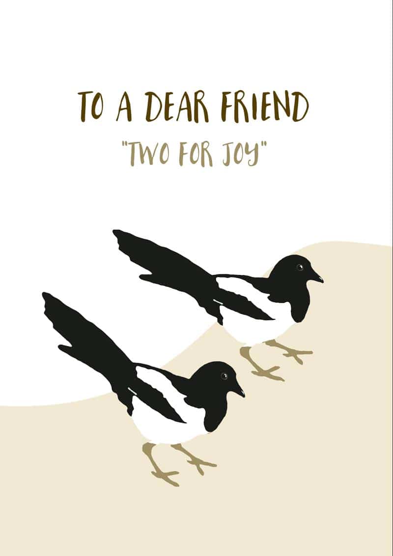 A card for friendship - two magpies and text 'Two For Joy'